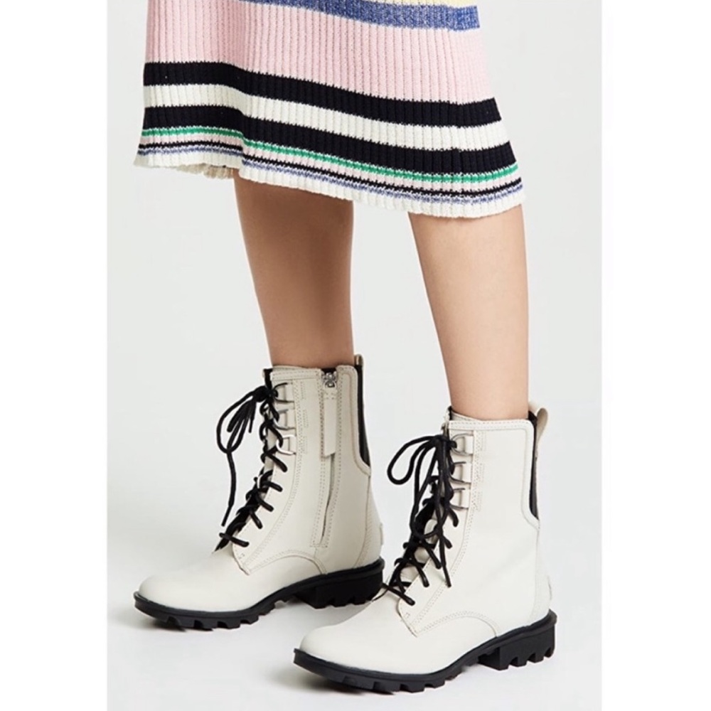 Sorel White Leather Phoenix Lace Up Combat Boots - Gem